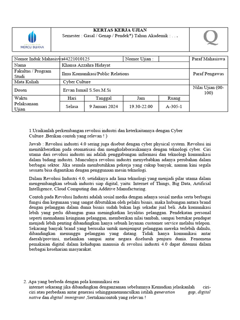 Khansa Azzahra - Uas - Cyber Culture | PDF