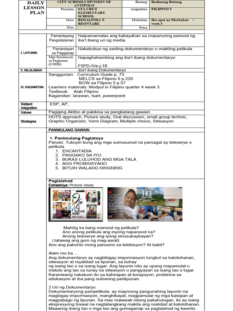 DLP FILIPINO 5 Quarter 4 Week 3 by Reontare | PDF