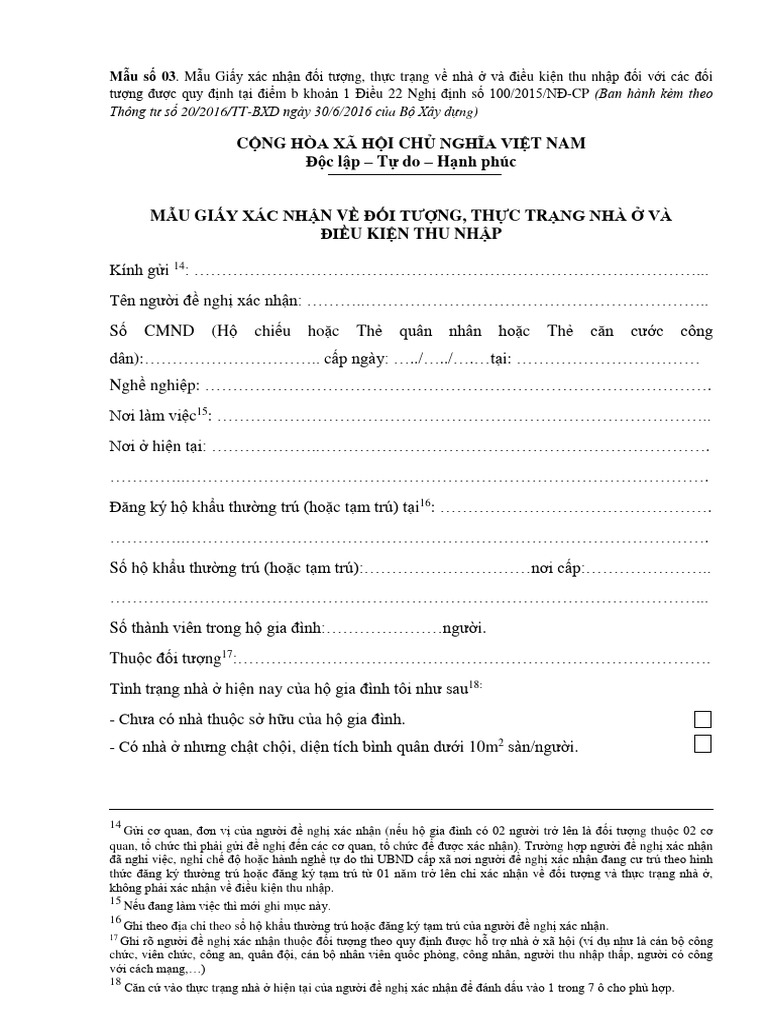 Mau So 03. Xac Nhan Doi Tuong Thuc Trang Nha o Va Dieu Kien Thu Nhap | PDF