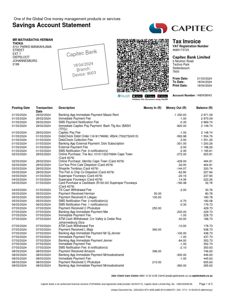 Capitec Bank Savings Account Statement | PDF | Stored Value Card | Credit Card