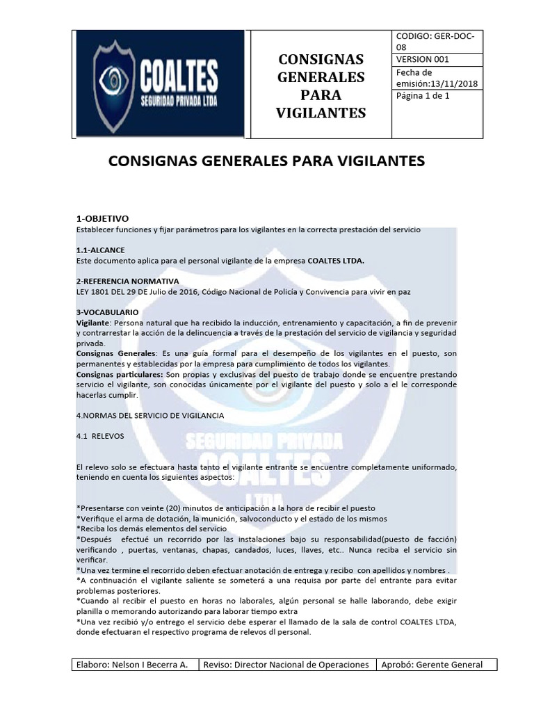Consignas Generales Para Vigilantes | PDF | Seguridad y salud ...