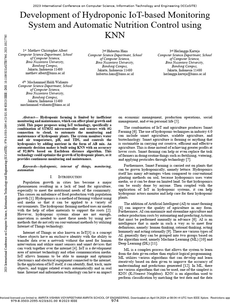 Development of Hydroponic IoT-based Monitoring System and Automatic Nutrition Control Using KNN ...