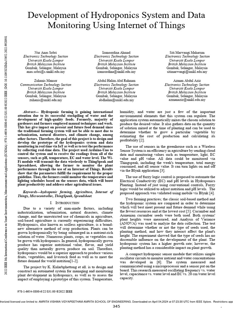 Development of Hydroponics System and Data Monitoring Using Internet of ... Development of Hydroponics System and Data Monitoring Using Internet of ...