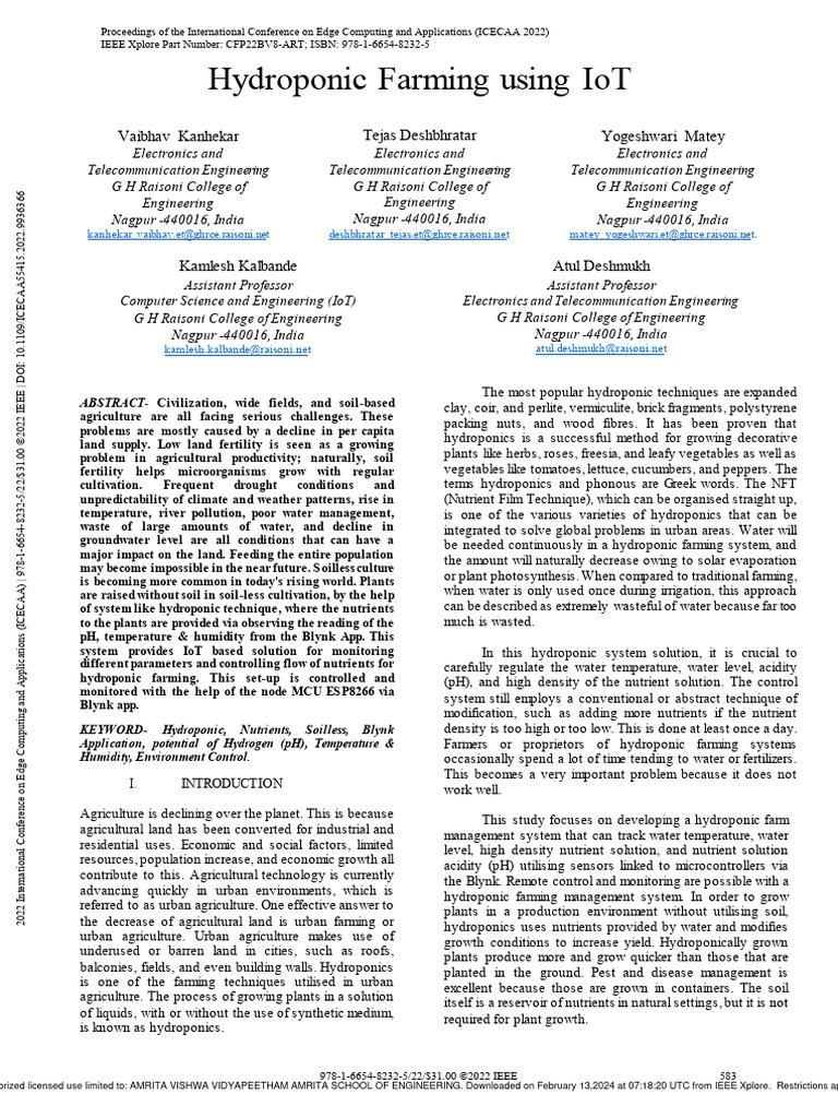 Hydroponic Farming Using IoT | PDF | Hydroponics | Agriculture