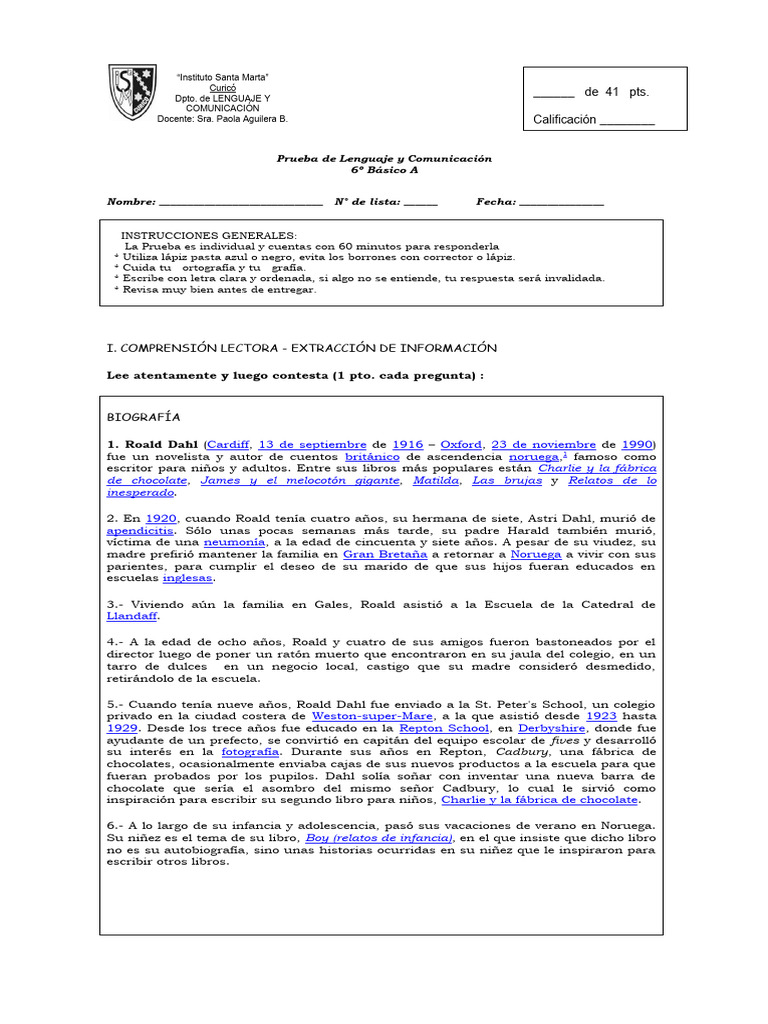 Prueba Matilda 2020 | PDF