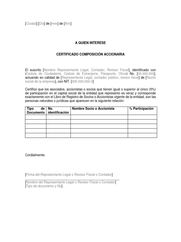 2022 Modelo Certificado Composicion Accionaria | PDF | Finanzas y ...