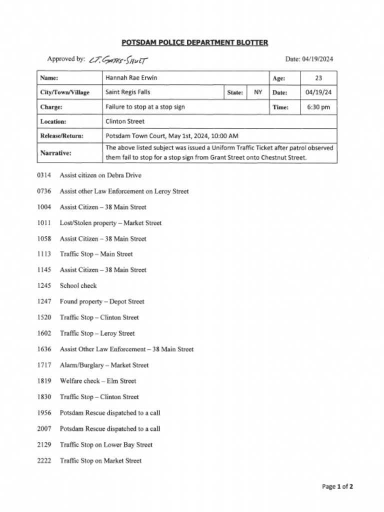 Potsdam Village Police Dept. Blotter April 21, 2024 | PDF