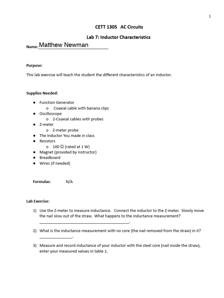 Lab 7 - Inductor Characteristics | PDF | Inductor | Inductance