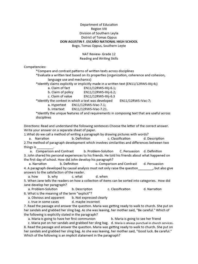 NAT 12 Reviewxxx | PDF | Intertextuality | Cognition