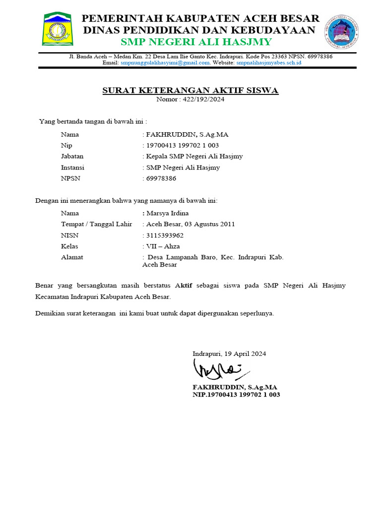Surat Aktif Marsya Irdina | PDF
