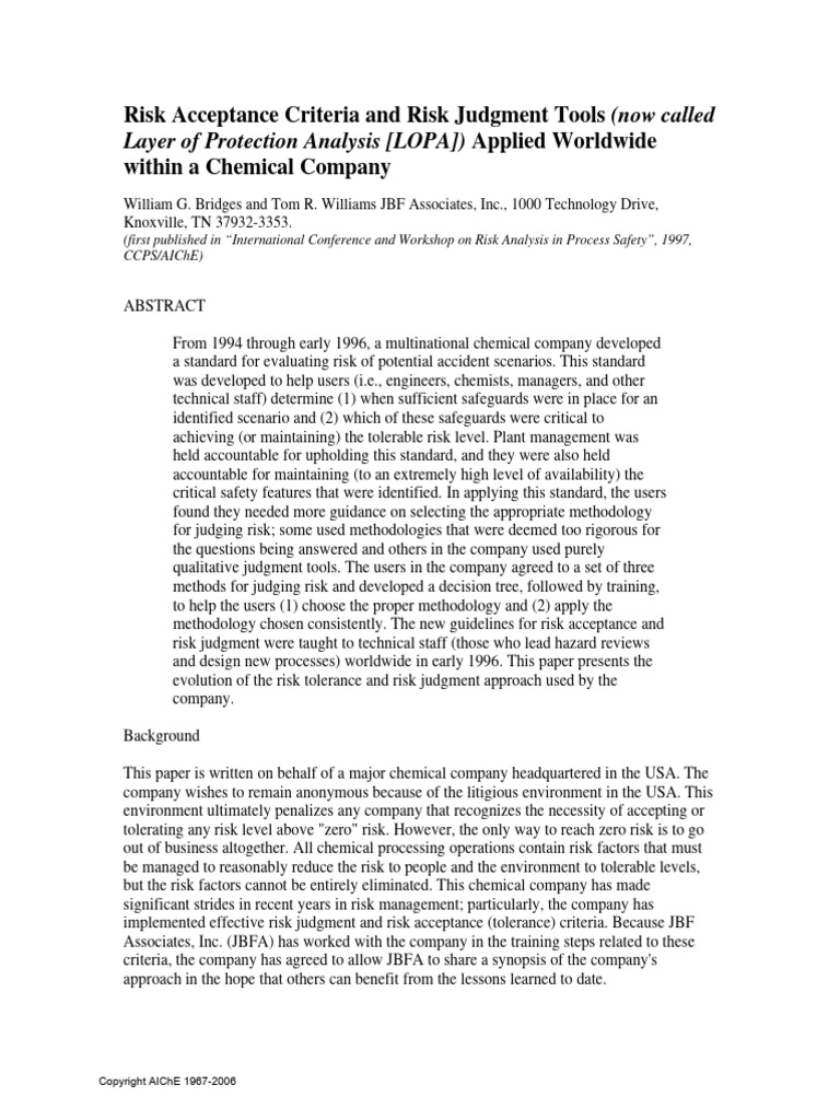 Risk Acceptance Criteria and Risk Judgment Tools (LOPA) Applied ...