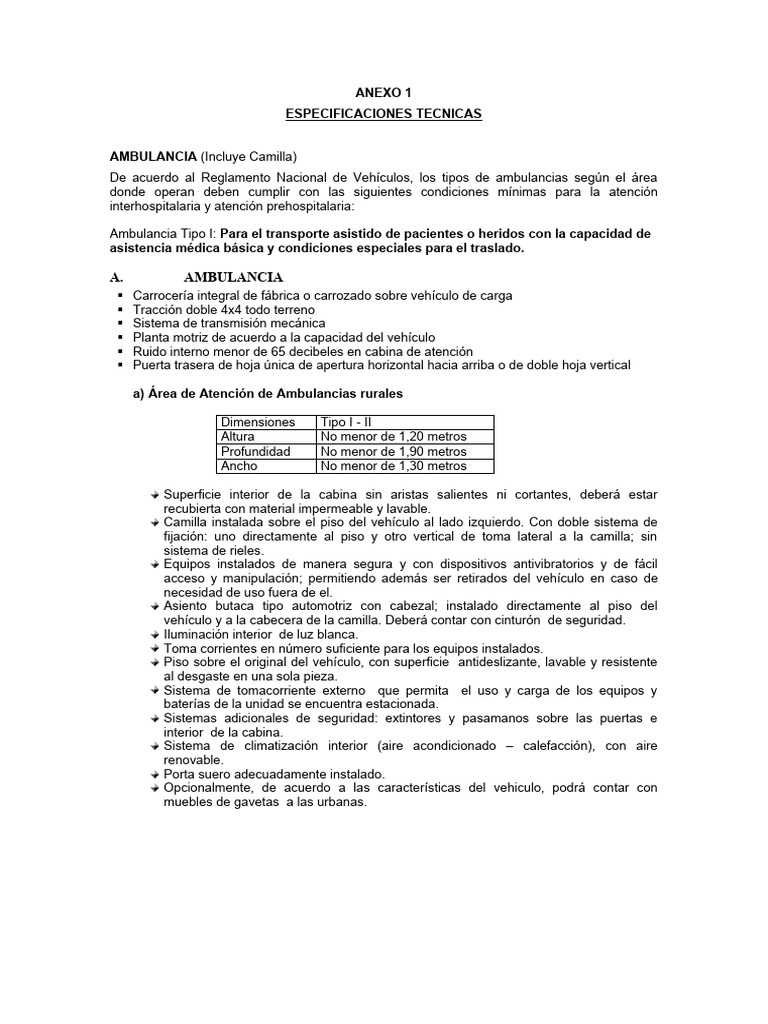 Anexo 2 Especificaciones Tecnicas Equipamiento Ambulacia | PDF | Ambulancia