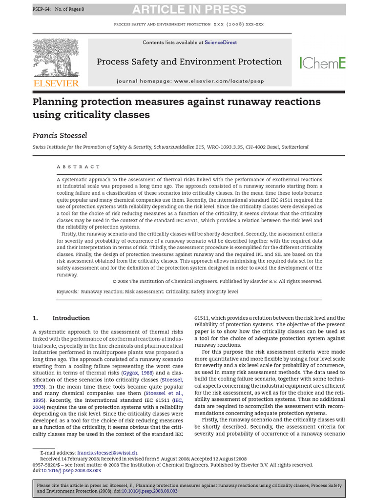 Using Stoessel Criticality Classes for Safety | PDF | Risk ...