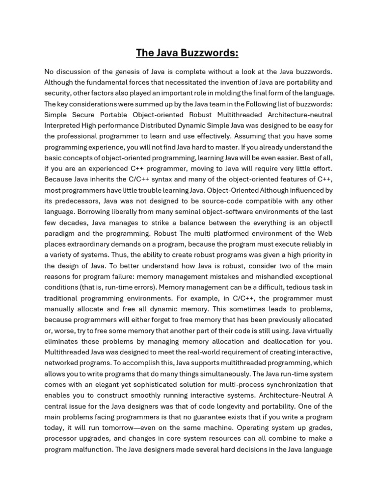 The Java Buzzwords No Discussion of The Genesis of Java Is C | PDF | Java (Programming Language ...
