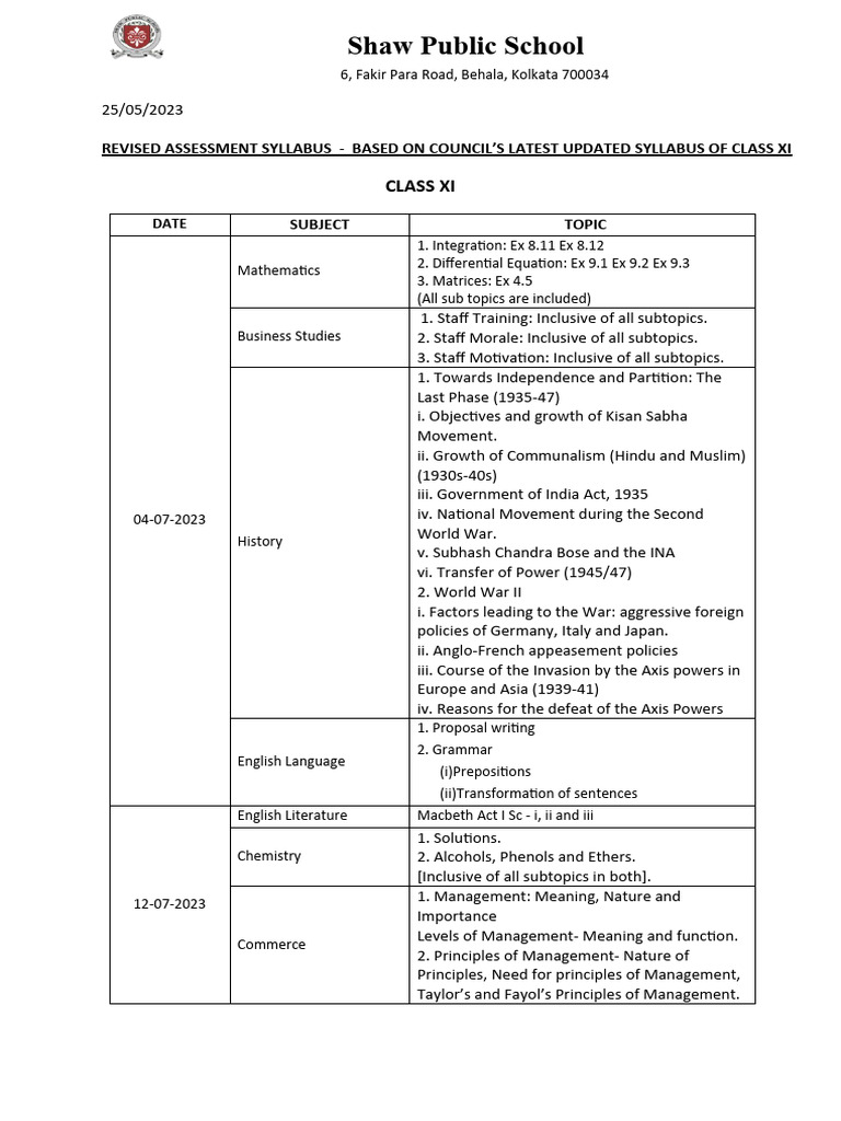 Class Xi Revised Assessment Syllabus 2023 2024 Pdf Attitude