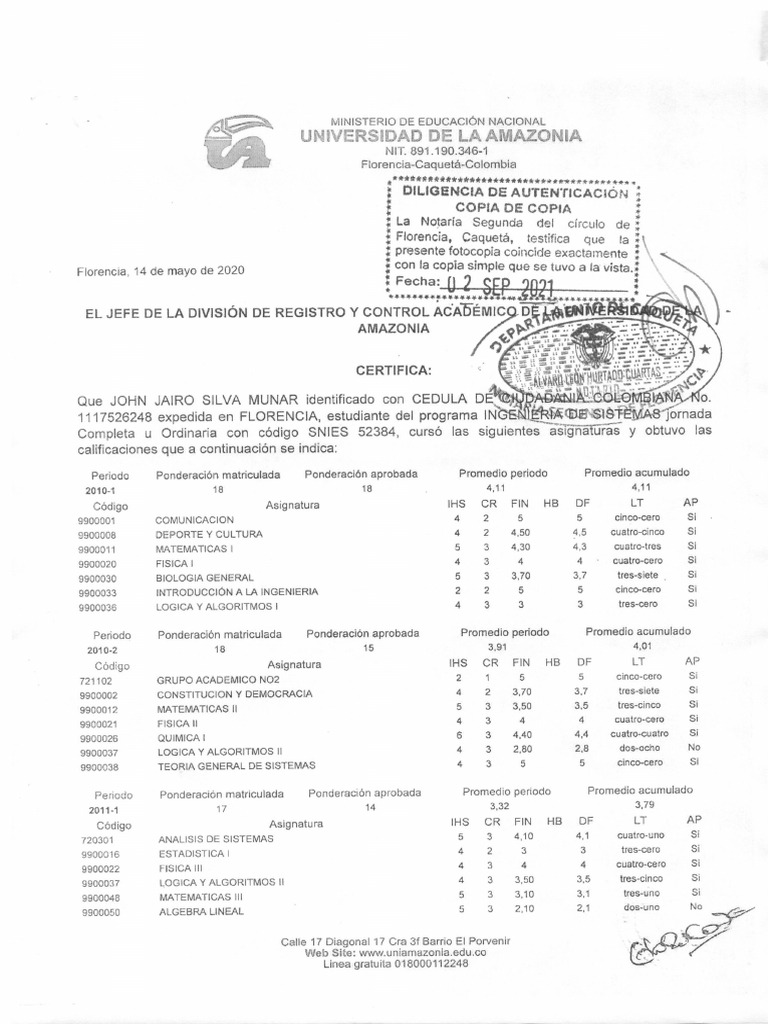 Certificado de La Sábana de Notas Pregrado Universitario Notariado | PDF