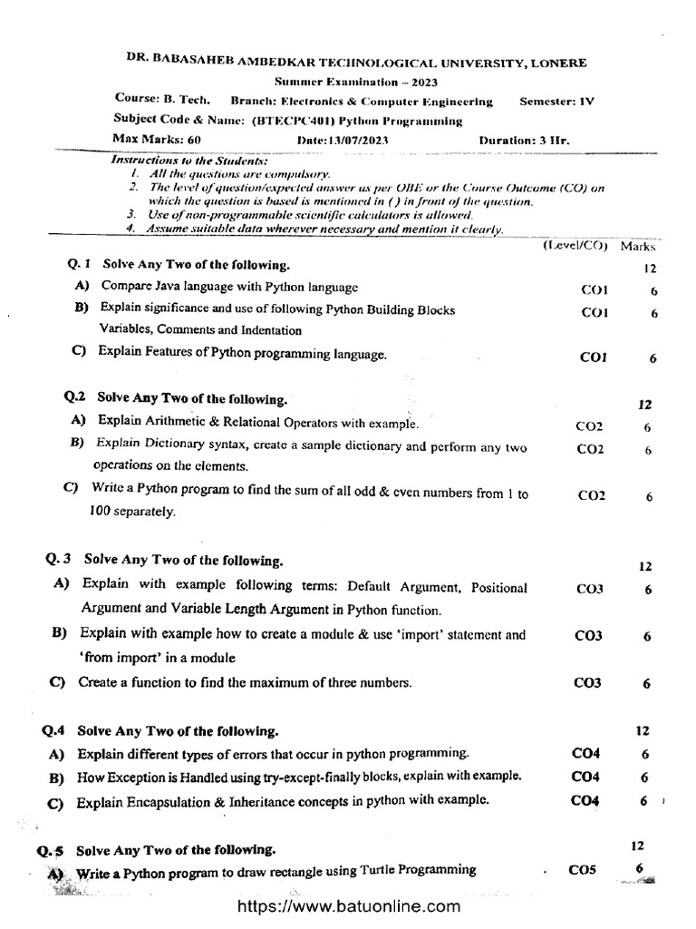 Btech Ec 4 Sem Python Programming Btecpc401 Jul 2023 | PDF Btech Ec 4 Sem Python Programming Btecpc401 Jul 2023 | PDF