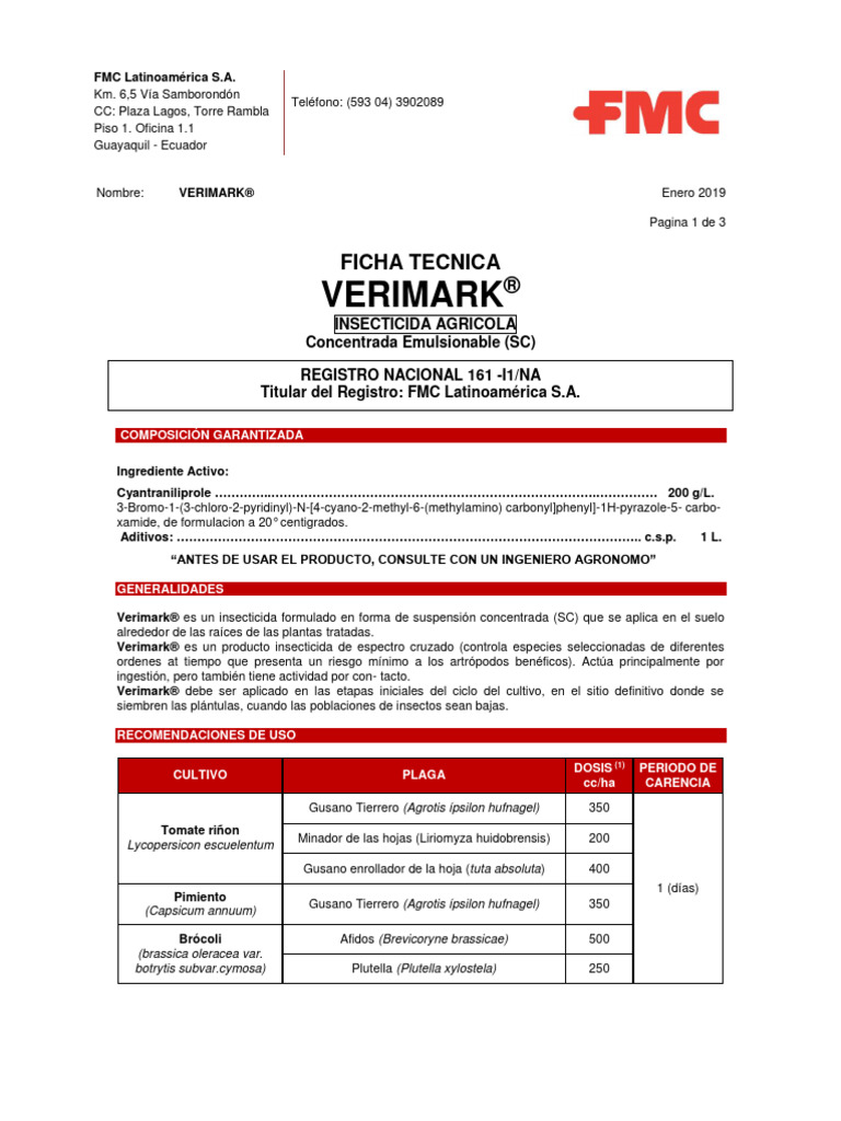 FT VERIMARK Cyantraniliprole 200g SC | PDF | Brócoli | Agua