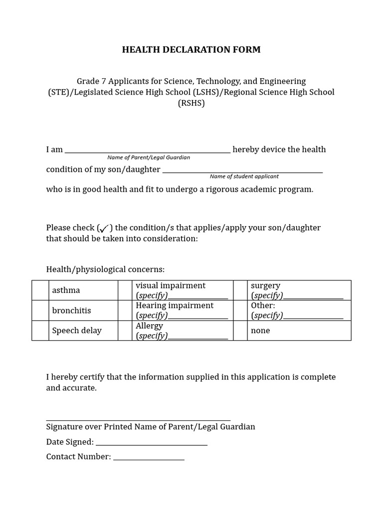 Grade 7 Health Declaration Form | PDF | Science & Mathematics