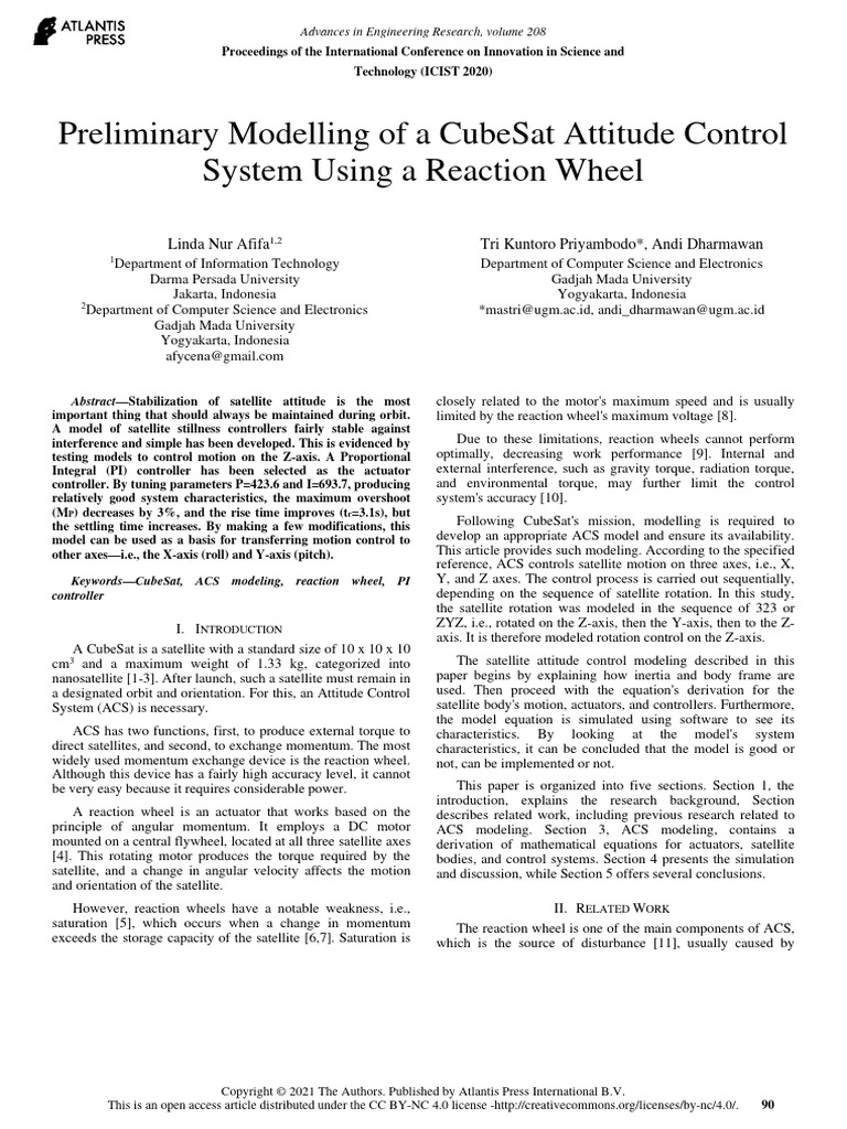 Preliminary Modelling of A Cubesat Attitude Control System Using A Reaction Wheel | PDF ...