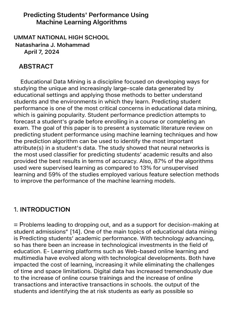 The Predicting Students Performance Using Machine Learning Algorithms. | Download Free PDF ...