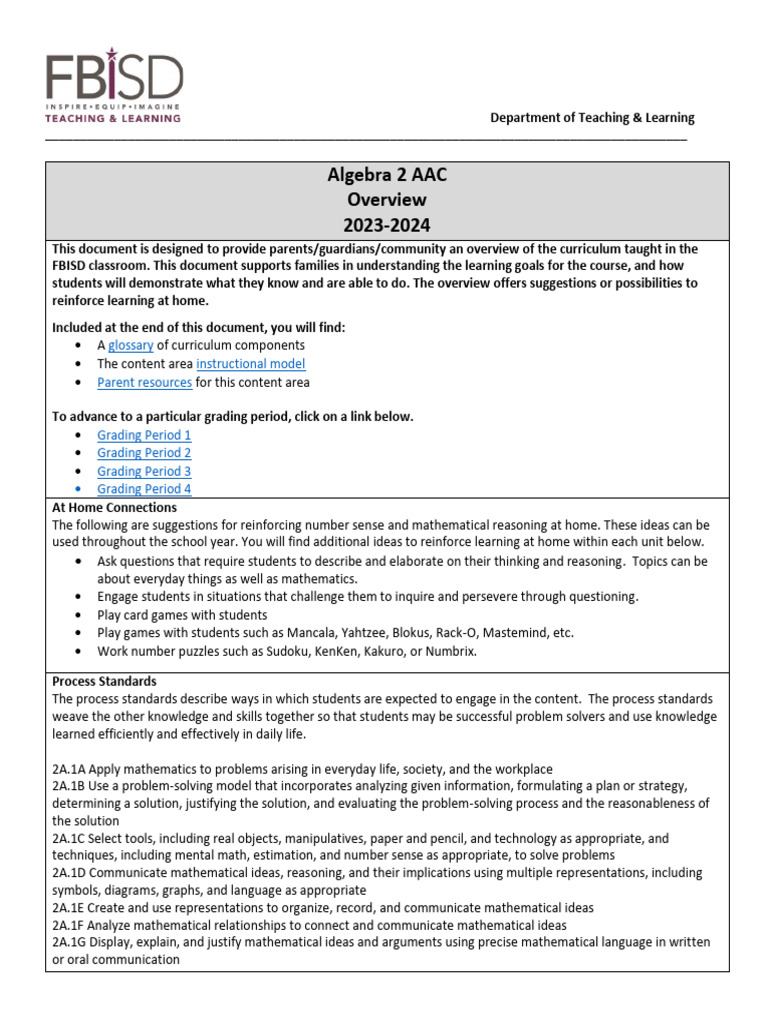 Algebra 2 Curriculum Overview 2023-2024 | PDF | Quadratic Equation ...