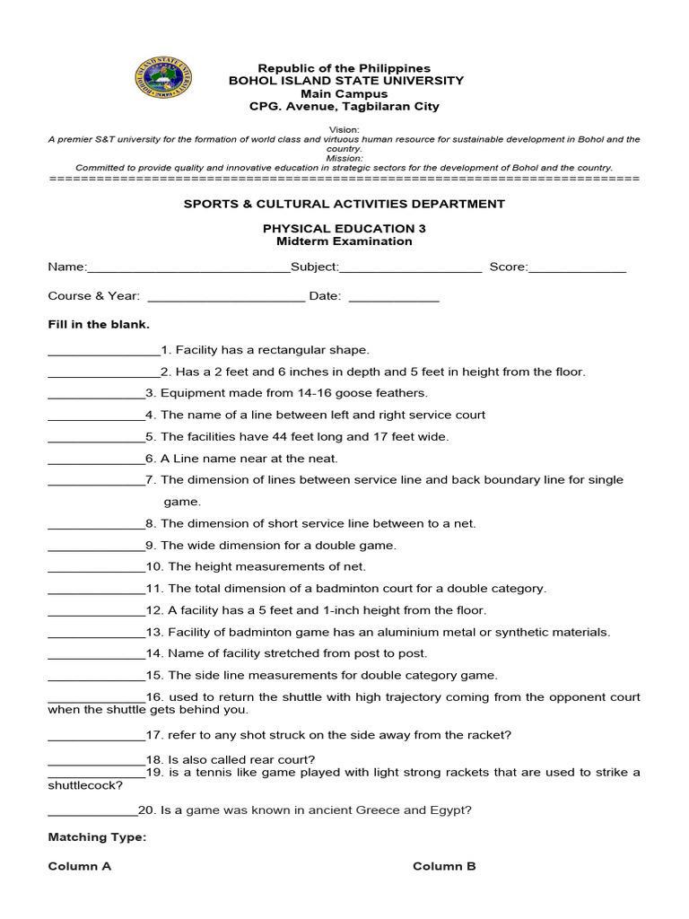 PE 3 Midterm Exam | PDF