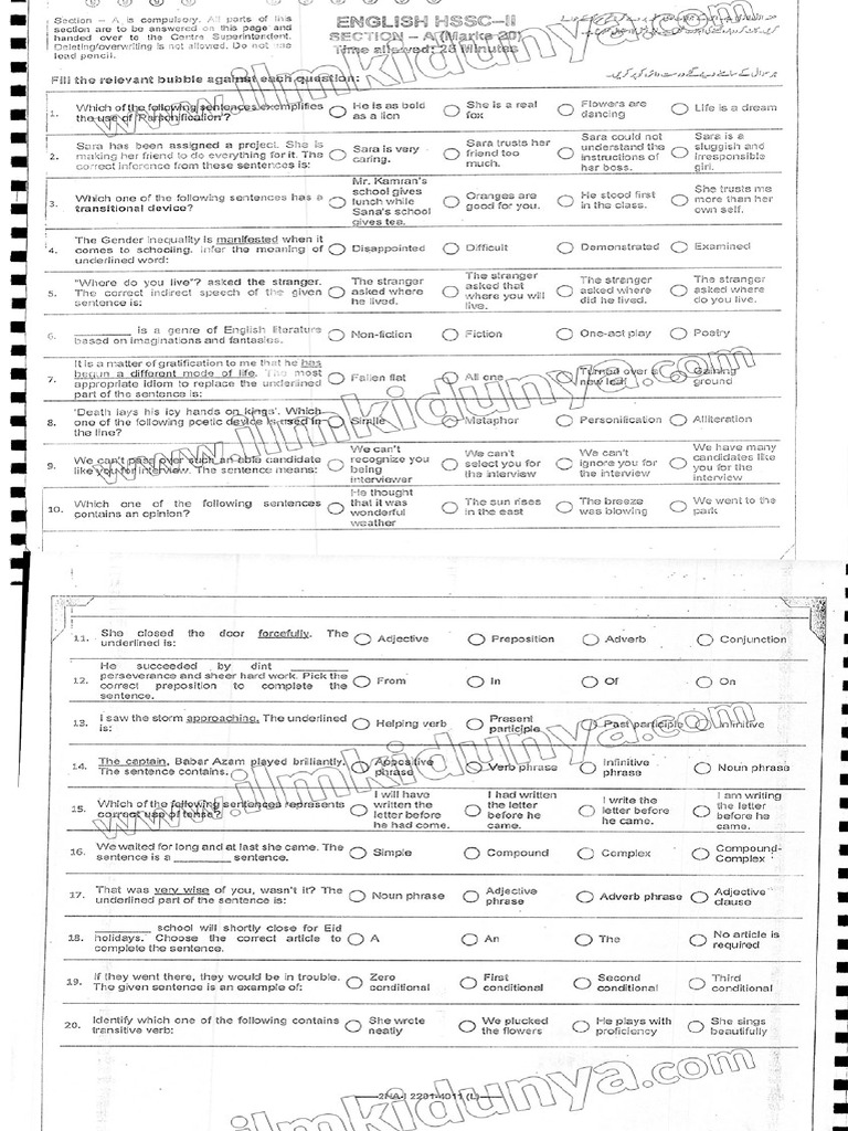 Past Paper 2022 Federal Board Inter Part II English Group II Objective ...