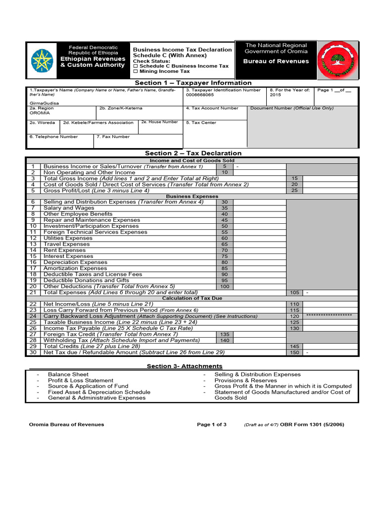 Oromia Business Income Tax Declaration | PDF | Expense | Taxes