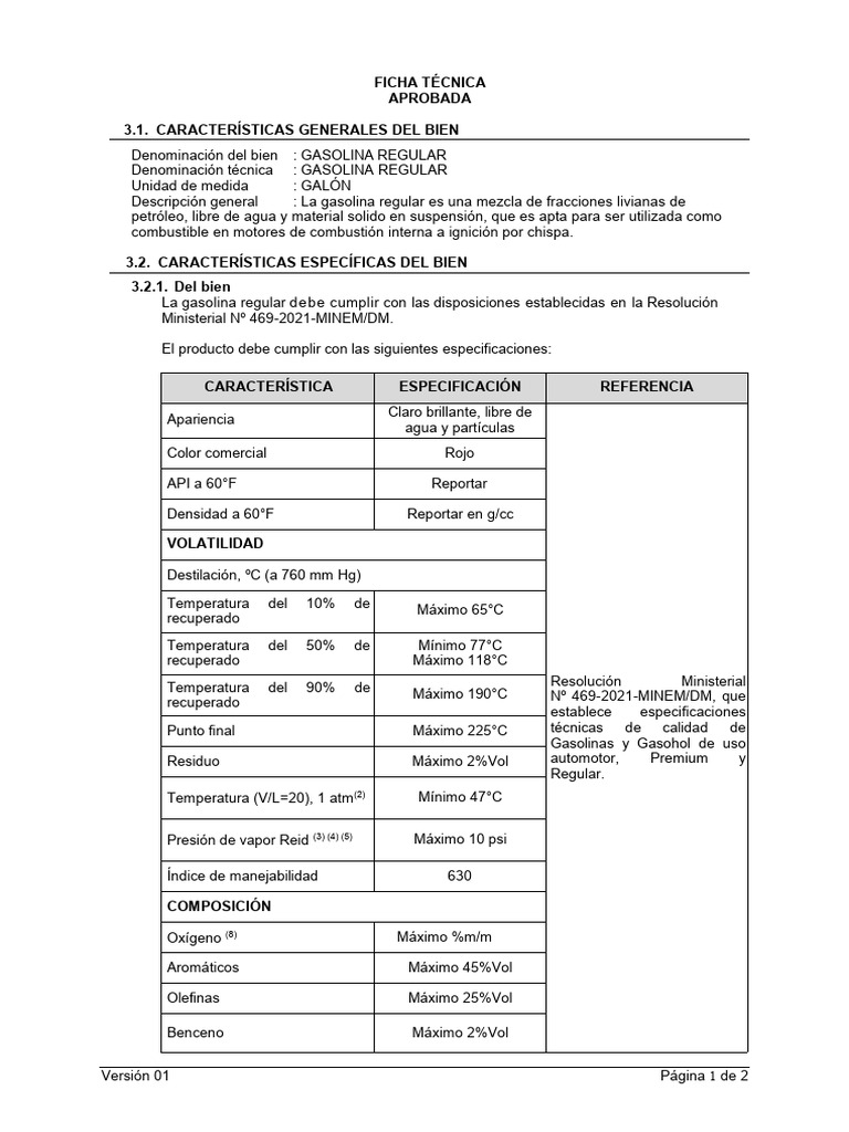 FICHA TECNICA GASOLINA REGULAR | PDF | Gasolina | Sustancias químicas