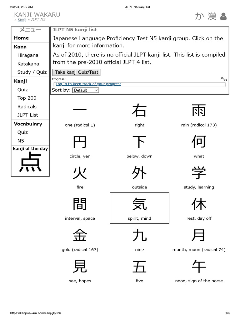 JLPT N5 Kanji List | PDF | Kanji | Chinese Characters
