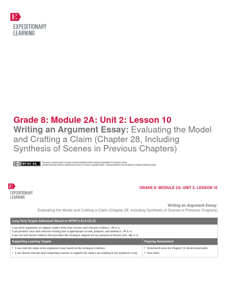 Grade 8 Module 2a Unit 2 Lesson 10 Writing An Argument Essay Evaluating The Model Pdf