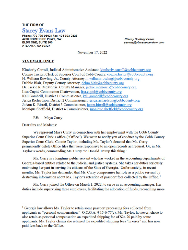 Stacey Evans Letter To Cobb 11.17.22 | PDF | Computer File | Employment