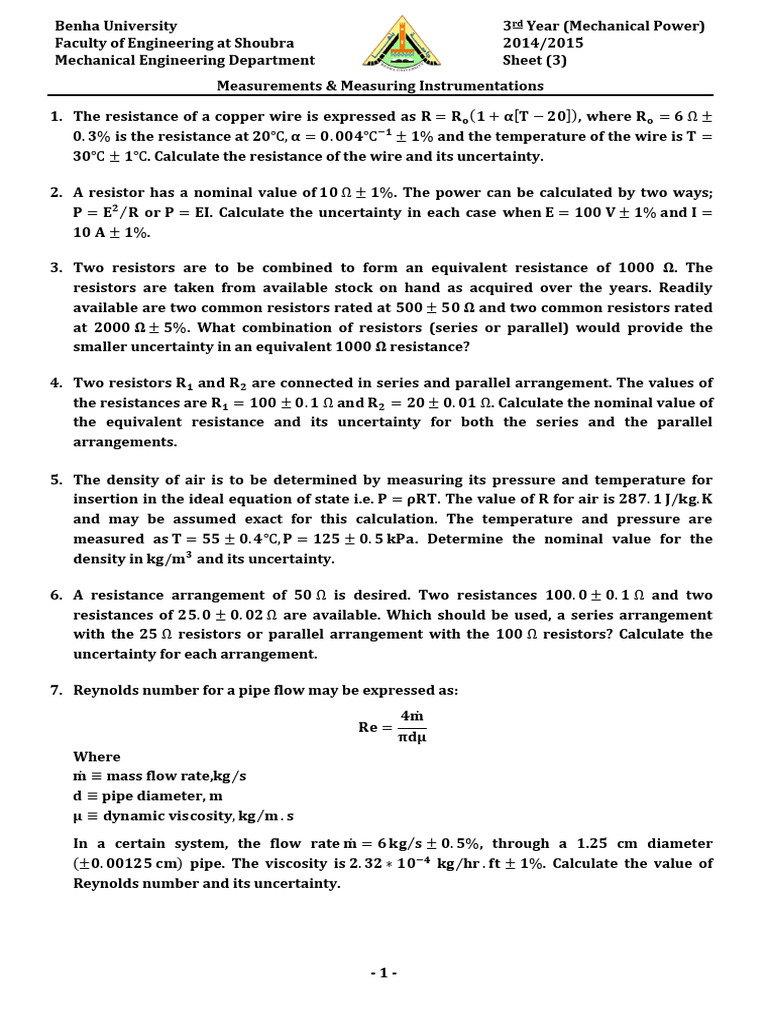 Sheet (3) (Uncertainty Analysis) | Download Free PDF | Electrical ...