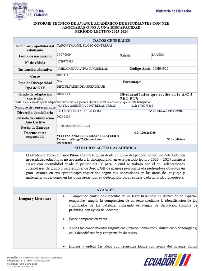 Infome de Avance Academico 2023-2024 Yaron Ymanol Piloso Contreras 10mo D | PDF | Salón de ...
