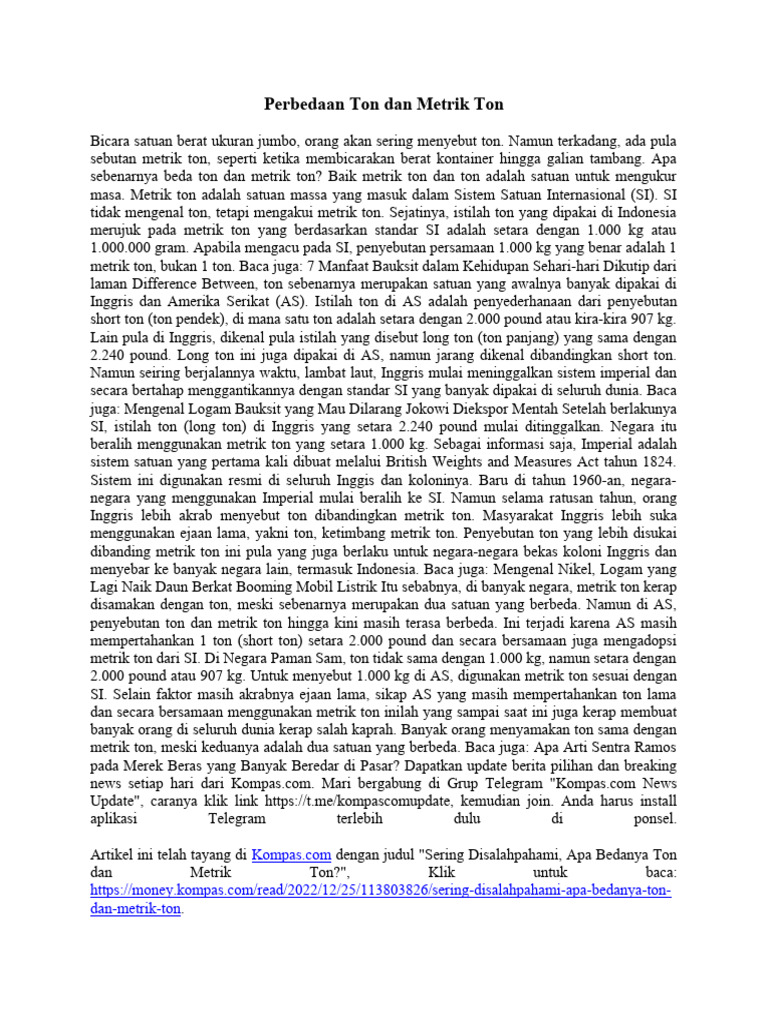 Perbedaan Ton dan Metrik Ton | PDF