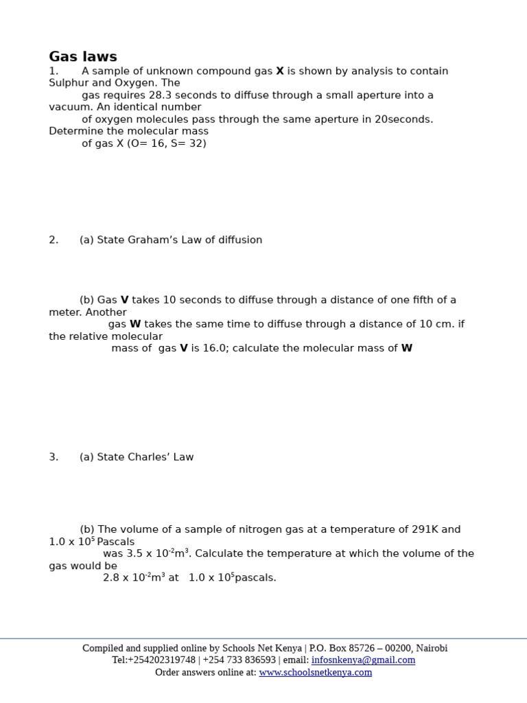 Gas Law Questions | PDF | Gases | Molecules