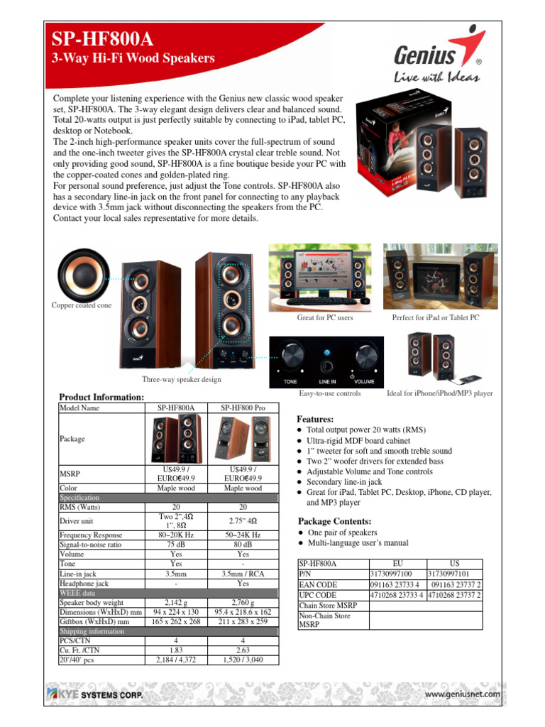 Datasheet 1325904 Genius SP HF 800a 20 PC Speaker Corded 20 W Wood ... Datasheet 1325904 Genius SP HF 800a 20 PC Speaker Corded 20 W Wood ...