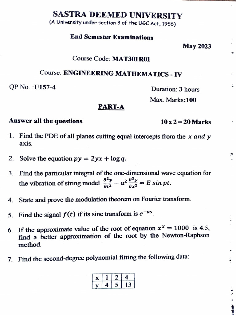 M4 Engineering Mathematics Exam Paper | PDF | Equations | Partial ...