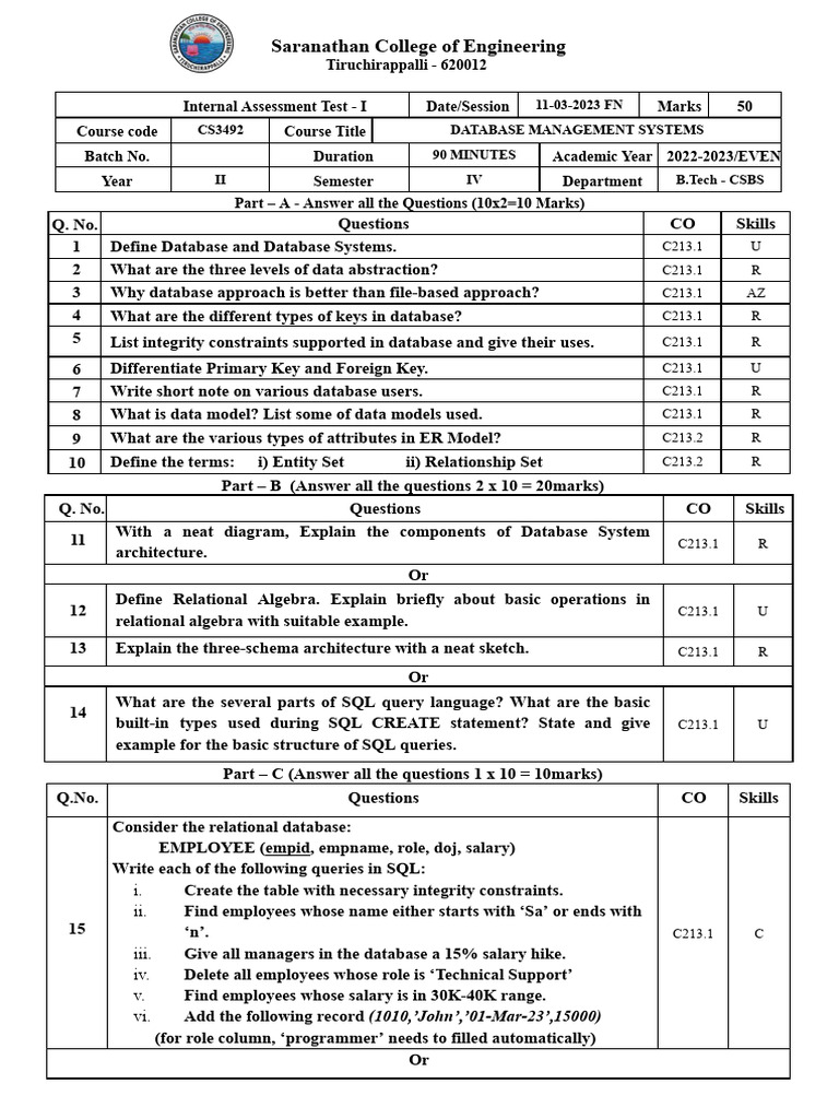 CS3492 Database Management Systems Test | PDF | Databases | Relational ...