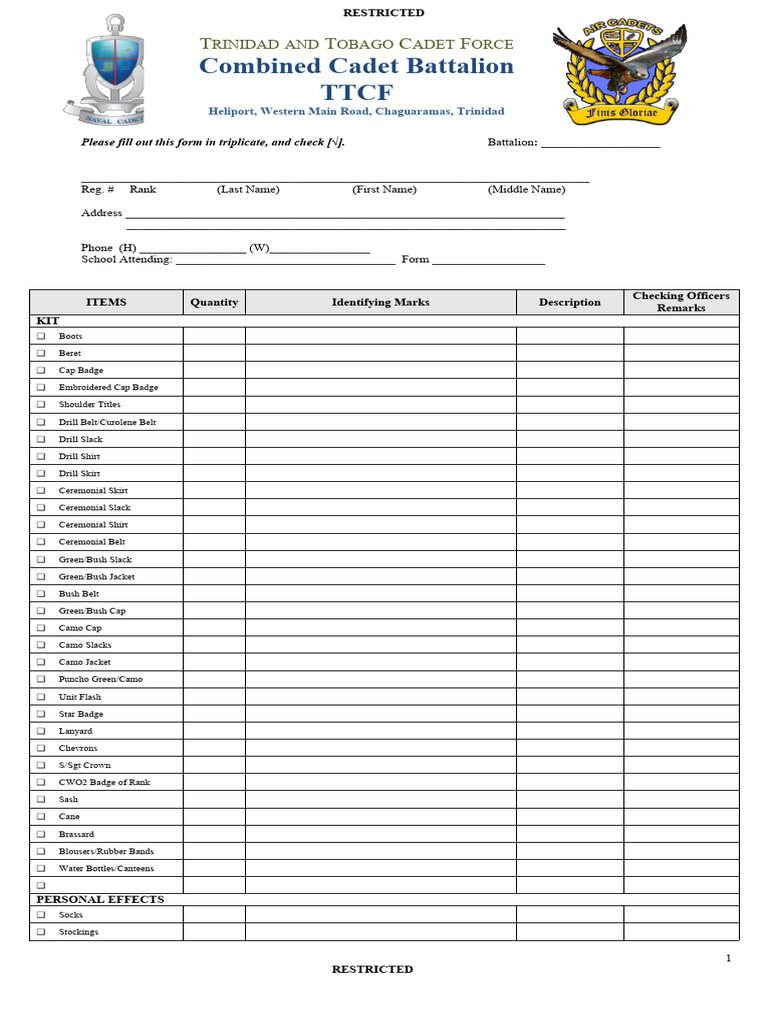 Cadet Force Equipment Checklist Form | PDF | Clothing | Fashion