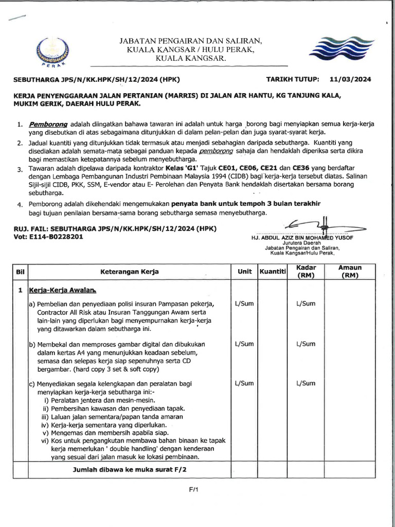 BQ Penyelenggaraan Jalan Pertanian Gerik | PDF