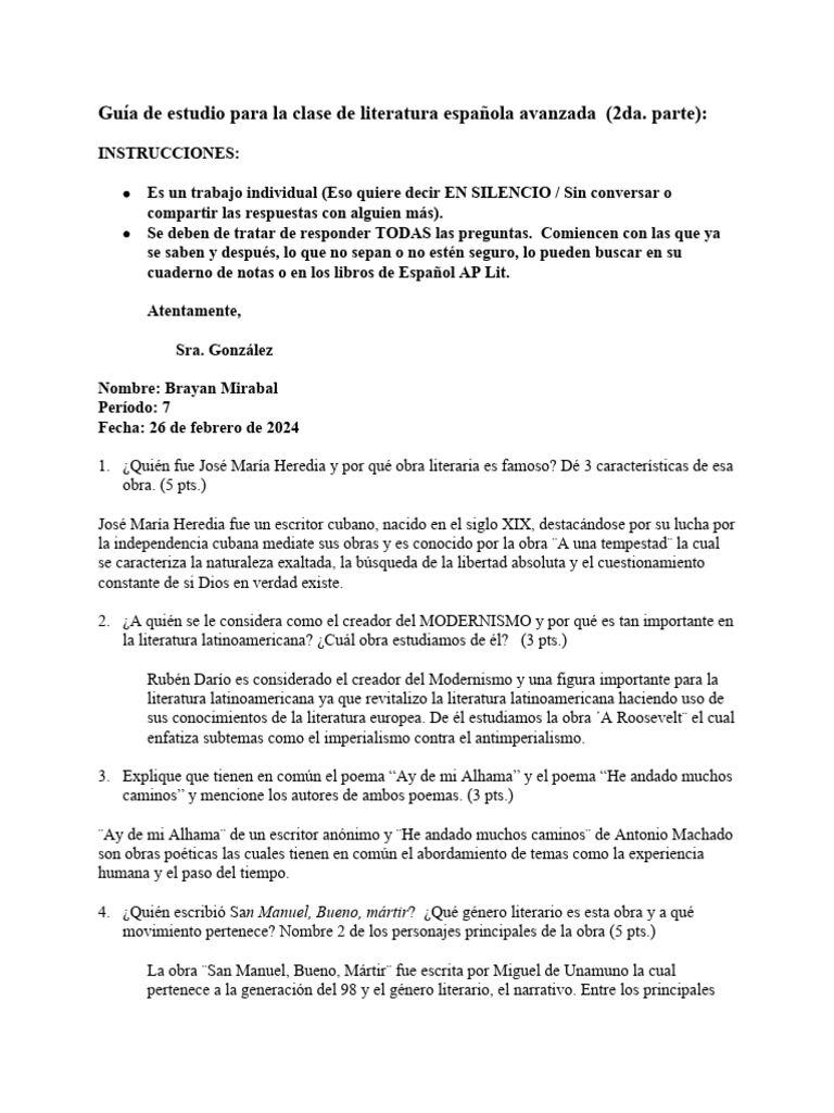 Guia de Estudio para La Clase de Literatura Espanola Avanzada 2da Parte ...