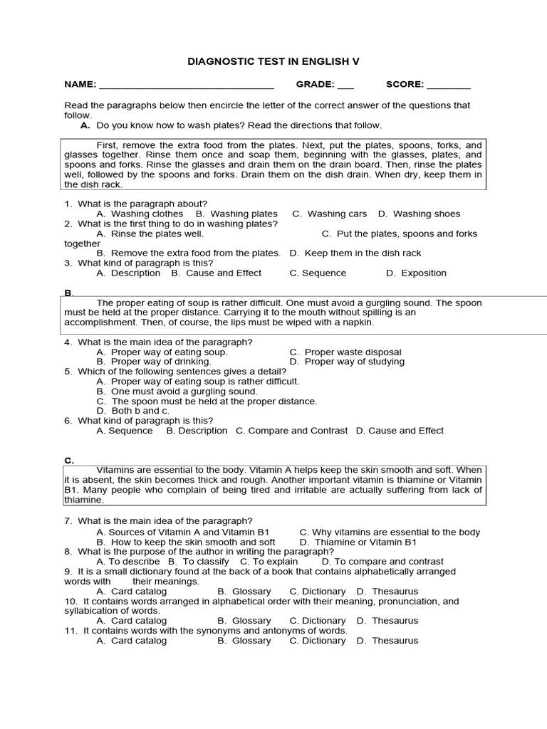Diagnostic Test in English V | PDF | Dictionary | Vitamin
