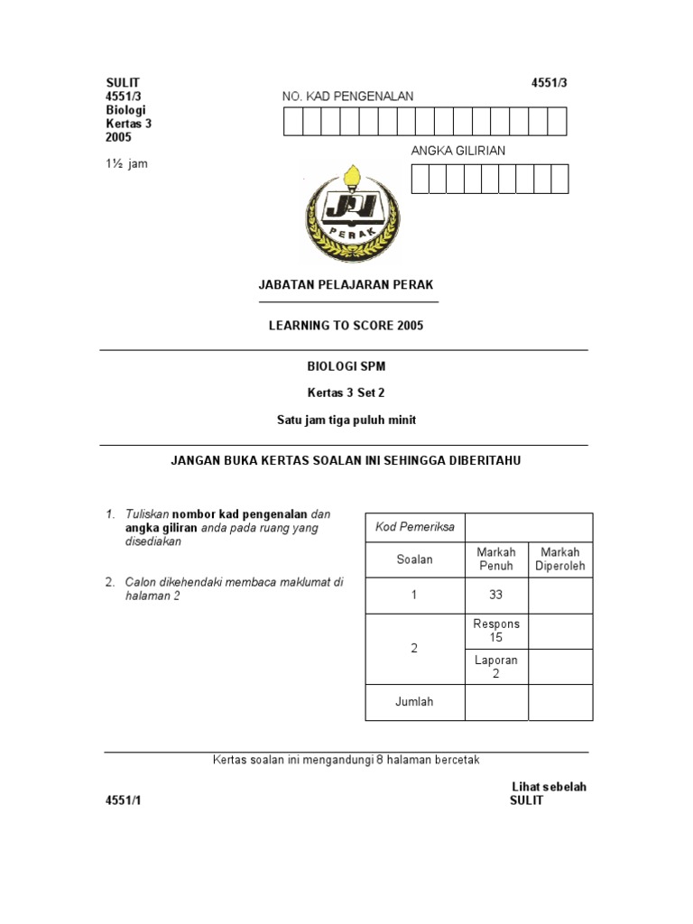 Biologi SPM Bio Kertas3 Set 2 | PDF