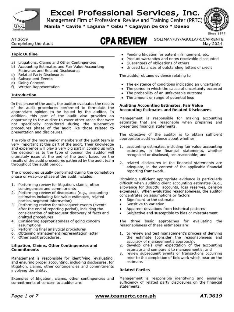Audit Completion Procedures Overview | PDF | Going Concern | Audit