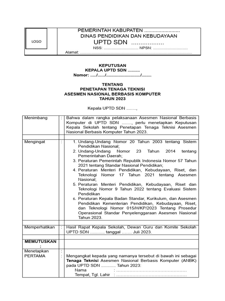 Contoh SK Teknisi ANBK 2023 | PDF