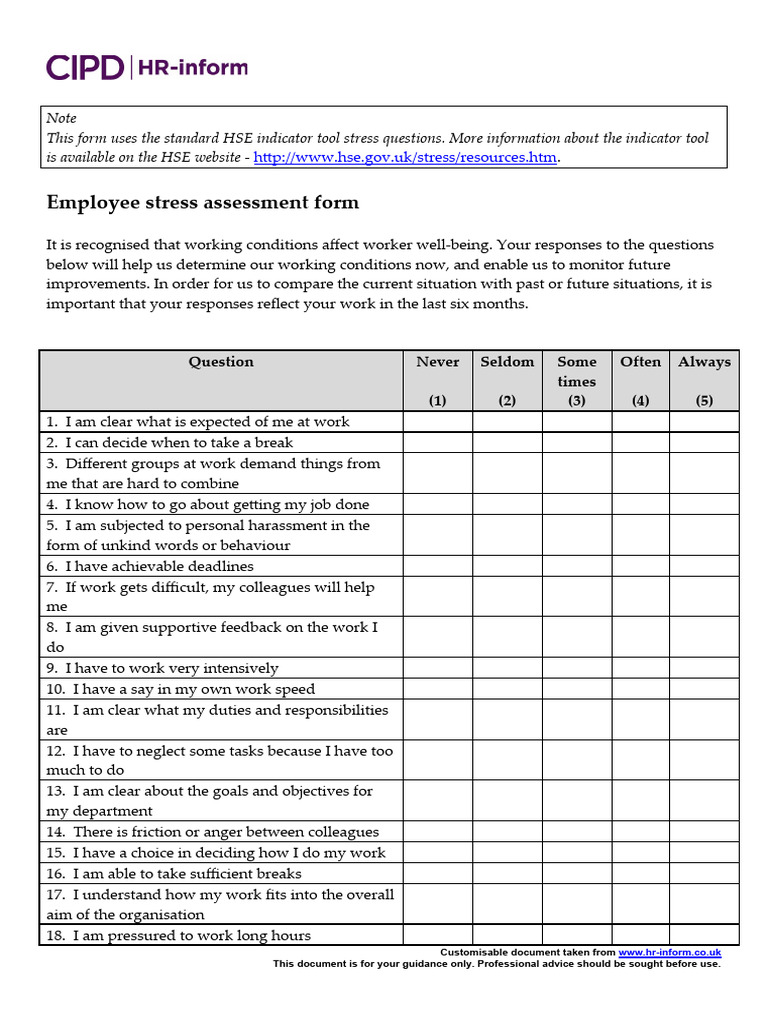 Employee Stress Assessment Form | PDF | Goal | Organizational Behavior