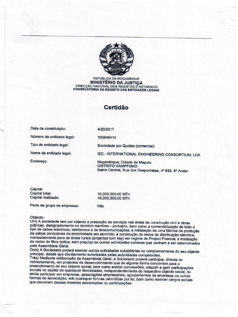 Certidão Conservatória de Registo Das Entidades Legais | PDF