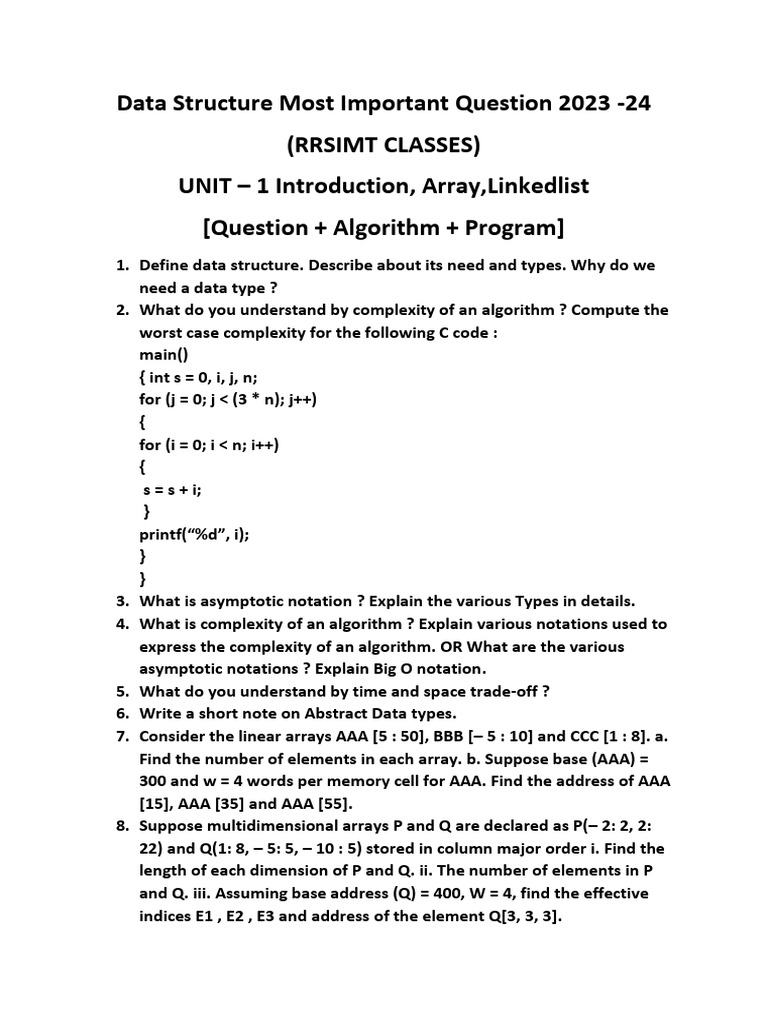 Data Structure Most Important Question All Unit | PDF | Data Structure ... Data Structure Most Important Question All Unit | PDF | Data Structure ...